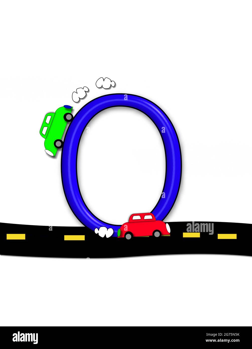 O, in the alphabet set "Highway", sits on a black highway with a yellow ...