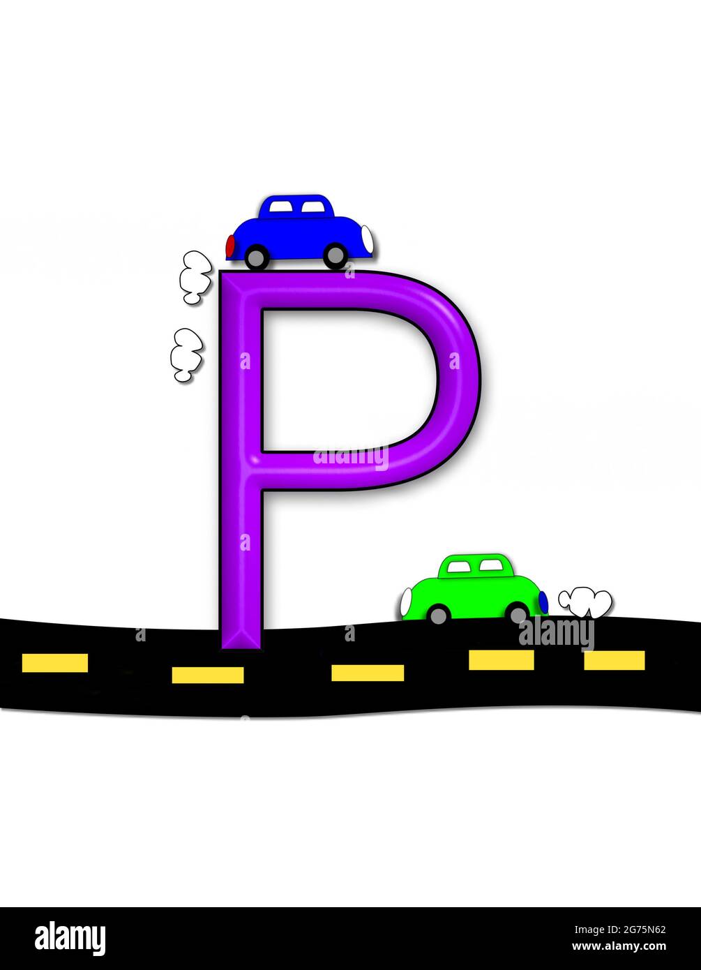 P, in the alphabet set "Highway", sits on a black highway with a yellow ...
