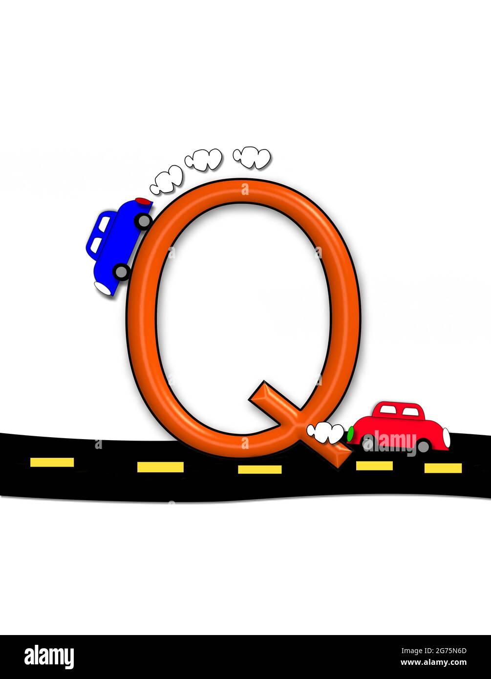 Q, in the alphabet set "Highway", sits on a black highway with a yellow ...