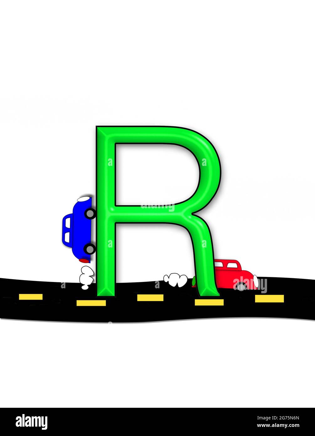 R, in the alphabet set "Highway", sits on a black highway with a yellow ...