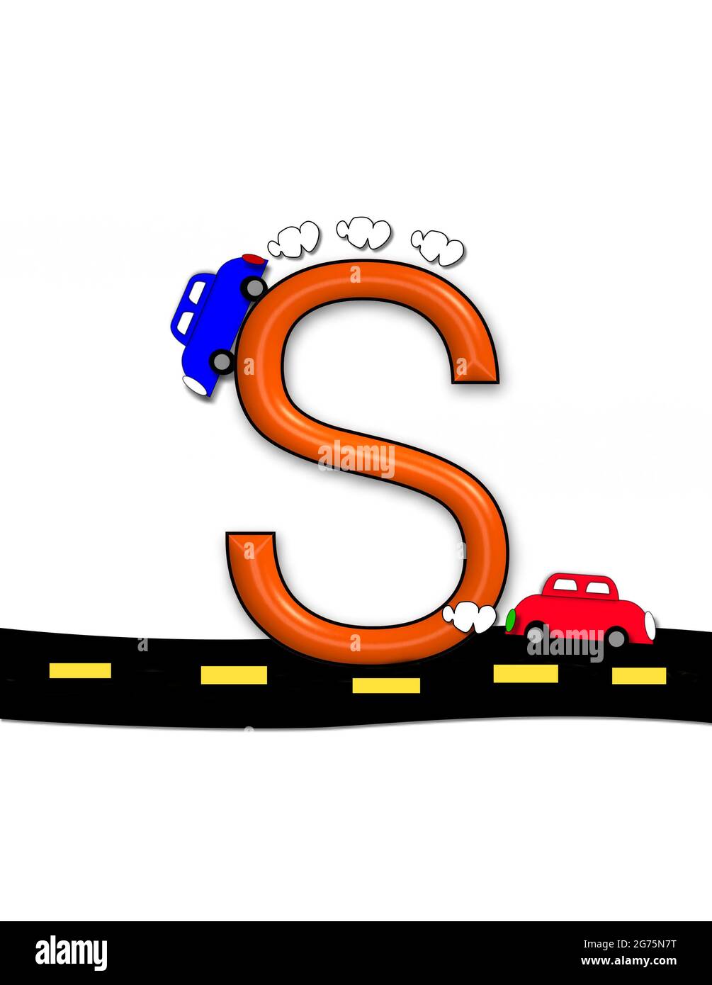 S, in the alphabet set "Highway", sits on a black highway with a yellow ...