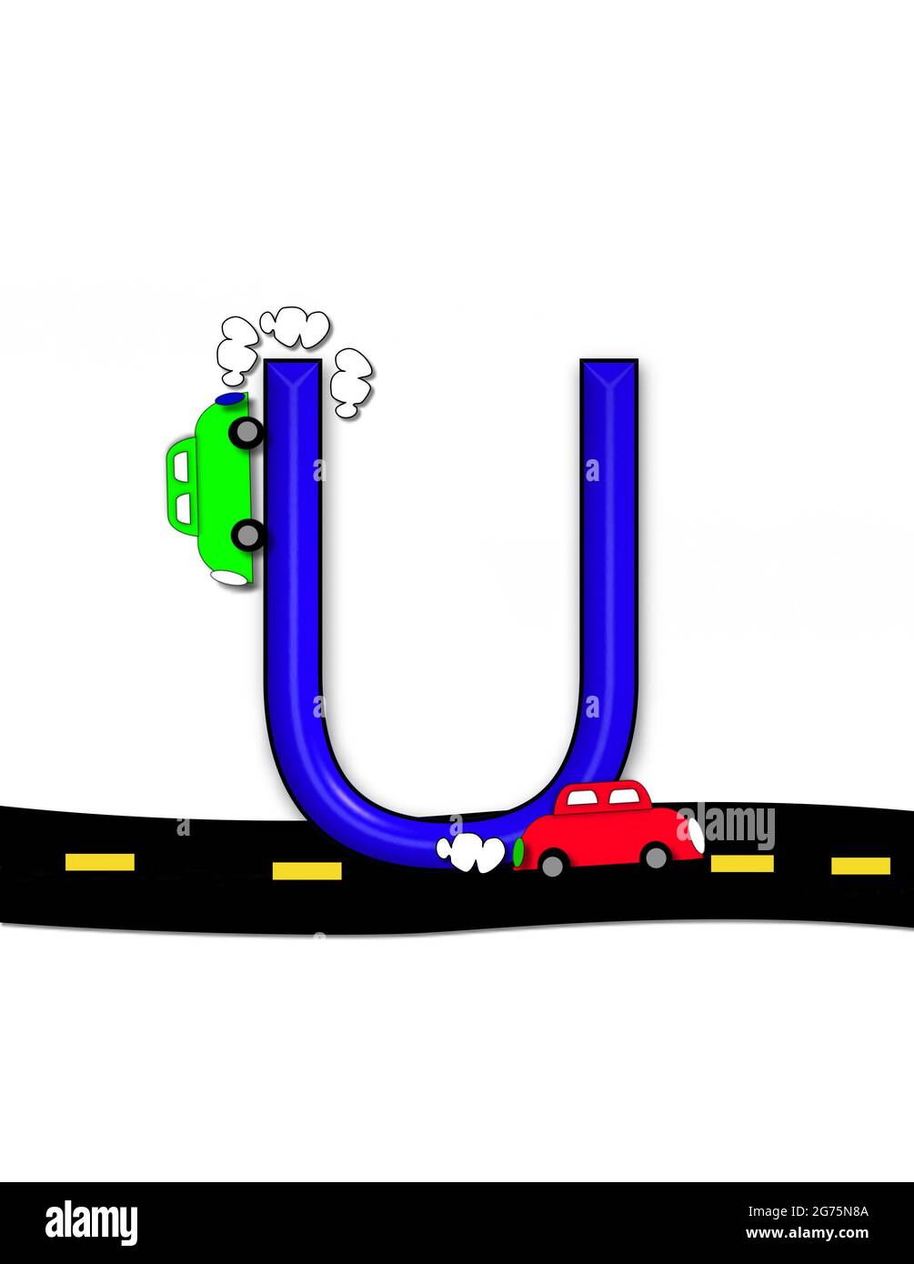 , in the alphabet set "Highway", sits on a black highway with a yellow ...