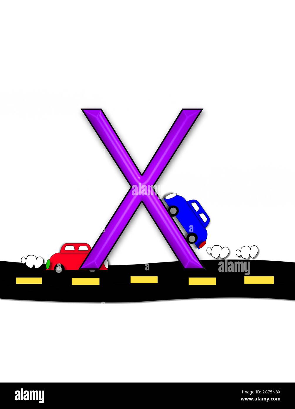 X, in the alphabet set "Highway", sits on a black highway with a yellow ...