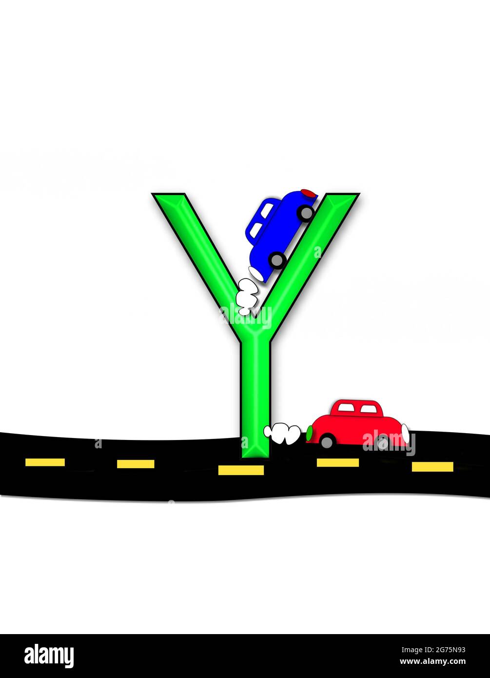 Y, in the alphabet set "Highway", sits on a black highway with a yellow ...