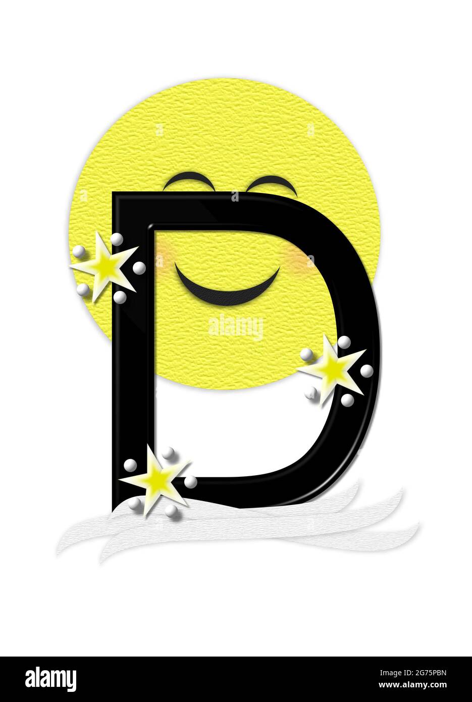 The letter D, in the alphabet set "Moon Beam" is in 3D and black. Stars ...