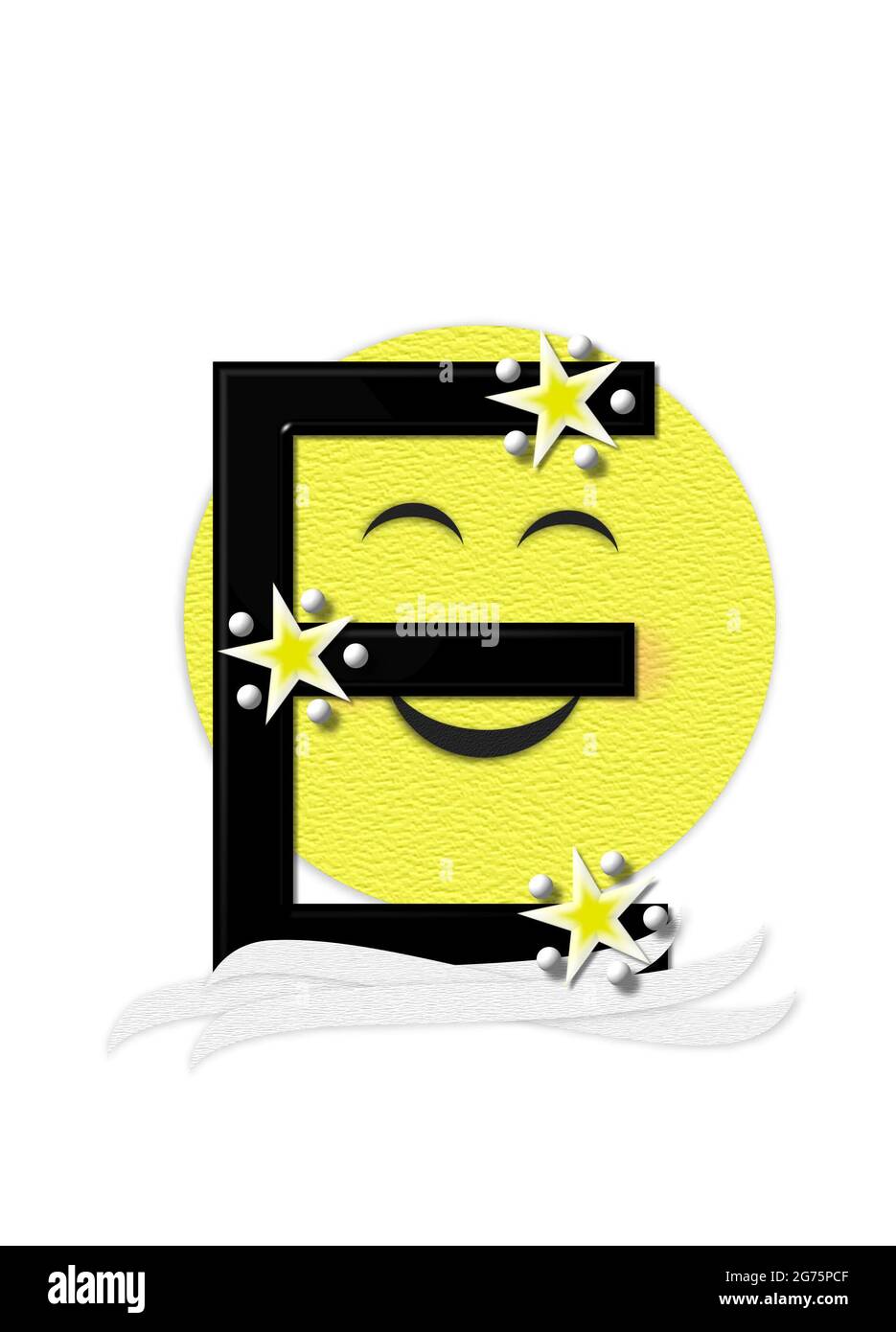 The letter E, in the alphabet set "Moon Beam" is in 3D and black. Stars ...