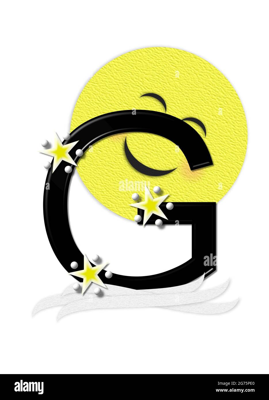 The letter G, in the alphabet set "Moon Beam" is in 3D and black. Stars ...