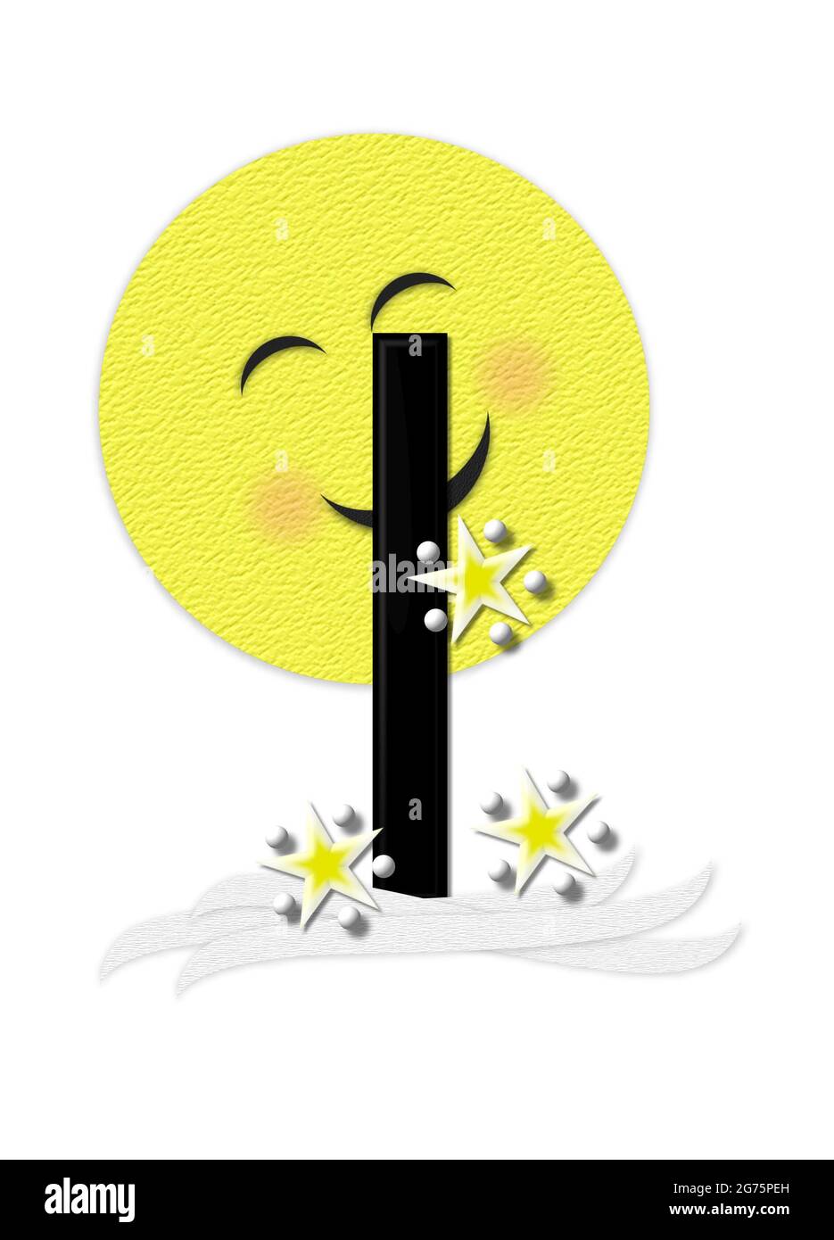 The letter I, in the alphabet set "Moon Beam" is in 3D and black. Stars ...