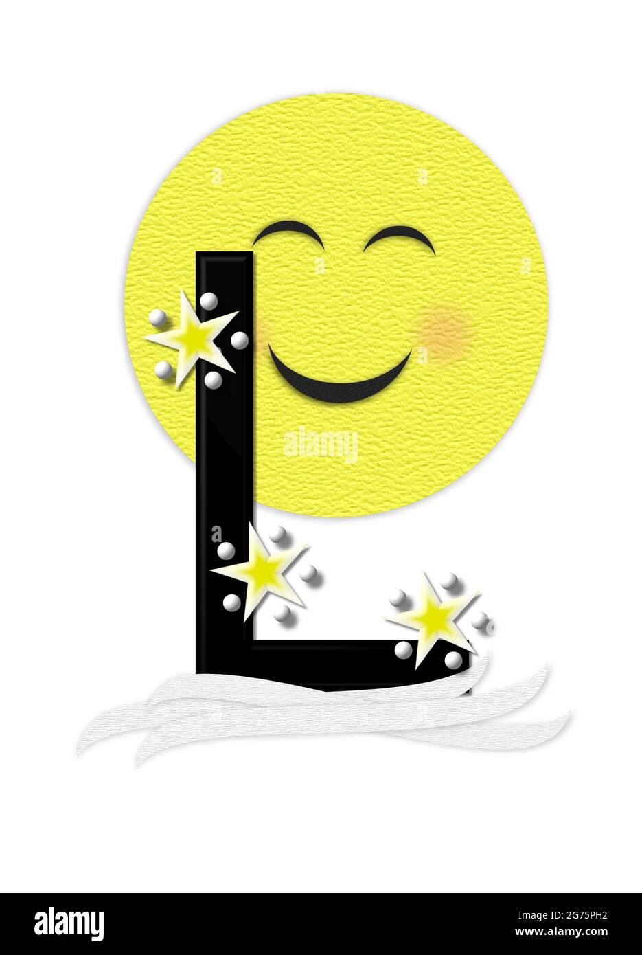 The letter L, in the alphabet set "Moon Beam" is in 3D and black. Stars ...