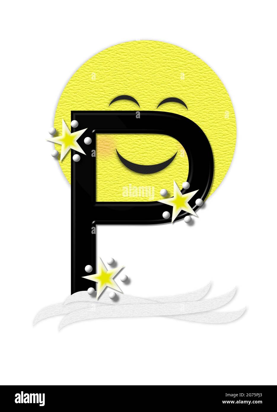 The letter P, in the alphabet set "Moon Beam" is in 3D and black. Stars ...