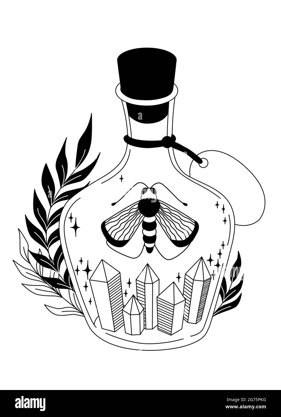 Magic elixir. Bottle with crystals. Witchcraft vector black and white ...