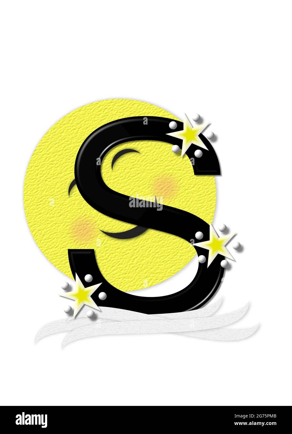 The letter S, in the alphabet set "Moon Beam" is in 3D and black. Stars ...