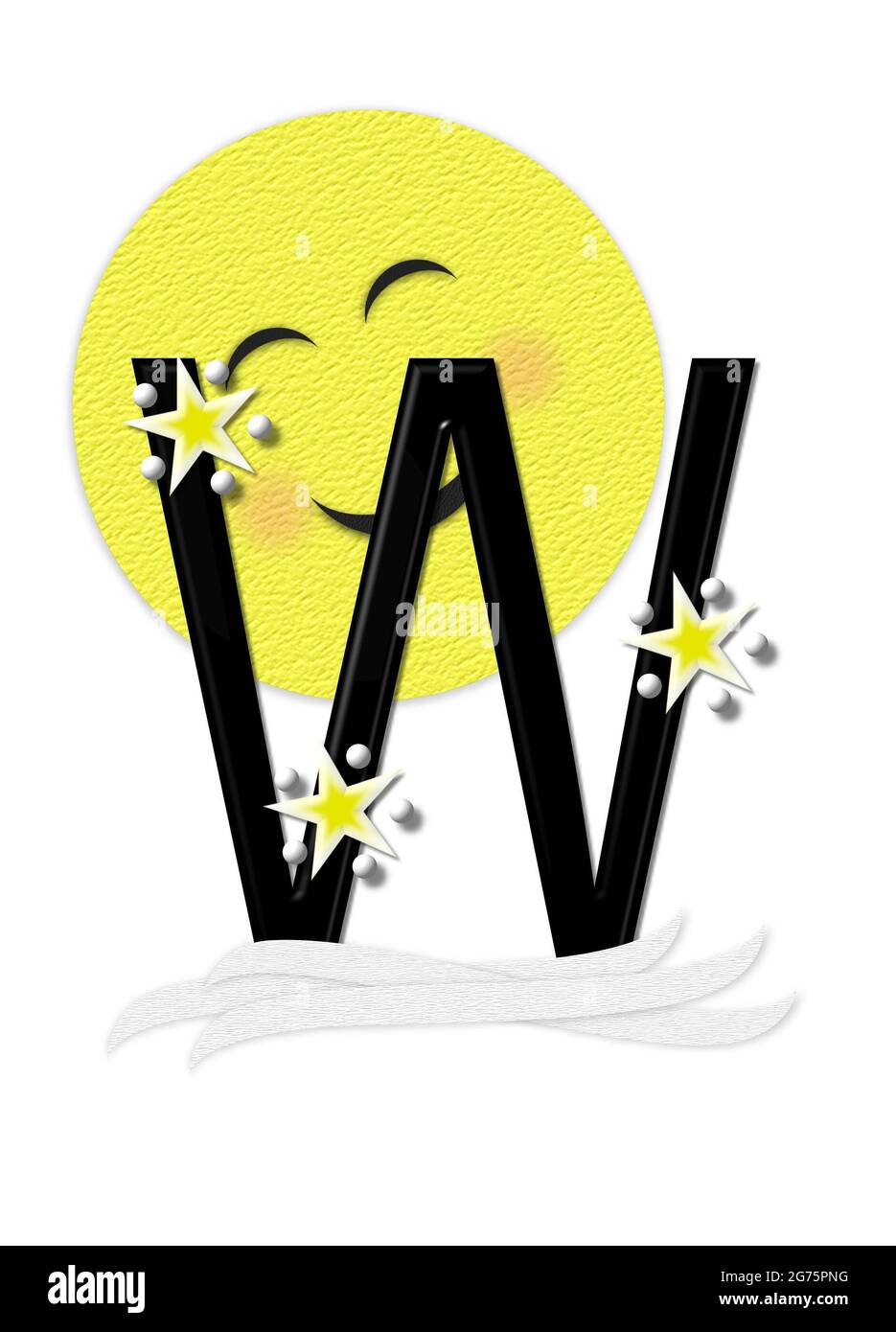 The letter W, in the alphabet set "Moon Beam" is in 3D and black. Stars ...