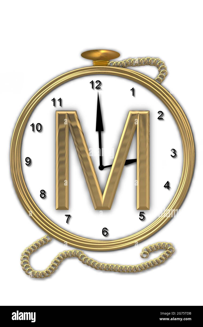 Alphabet letter M, is from the alphabet set "Pocket watch". Watch has ...