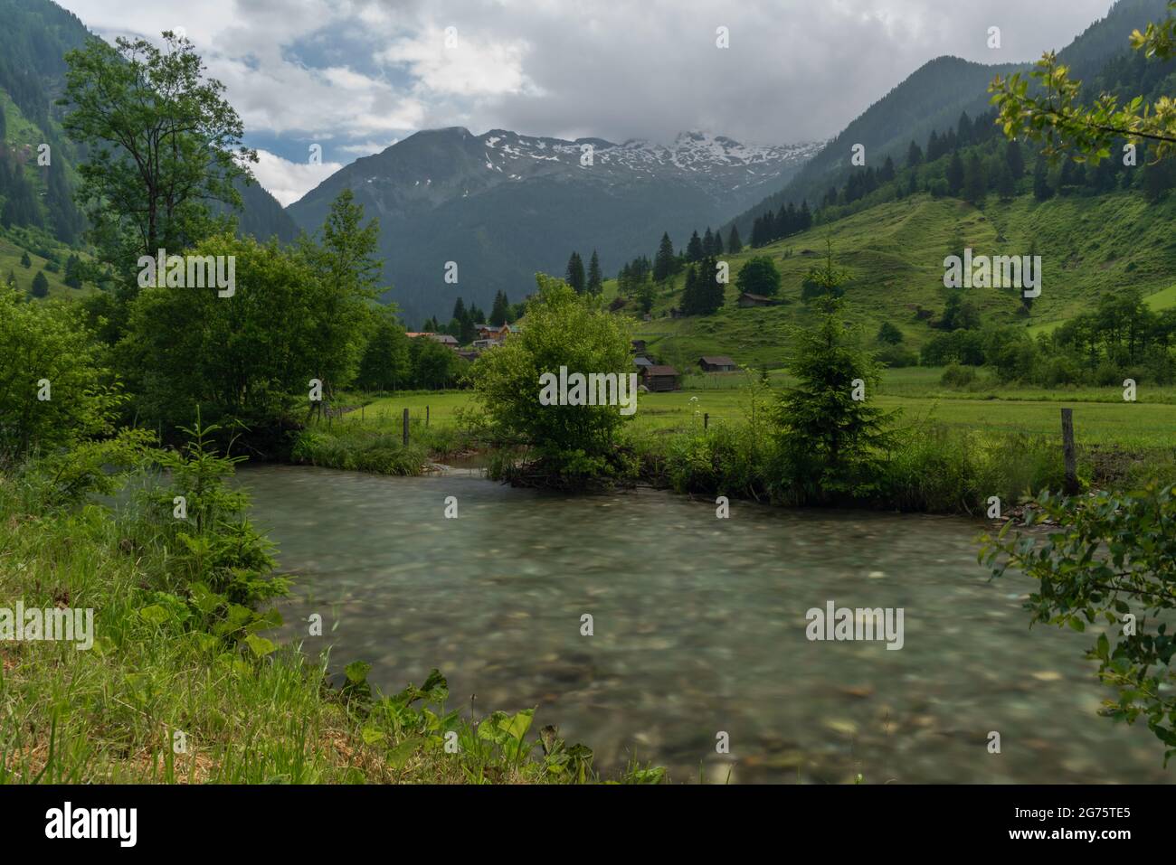 Valley with color small river in Austria Alps mountains near Kree ...