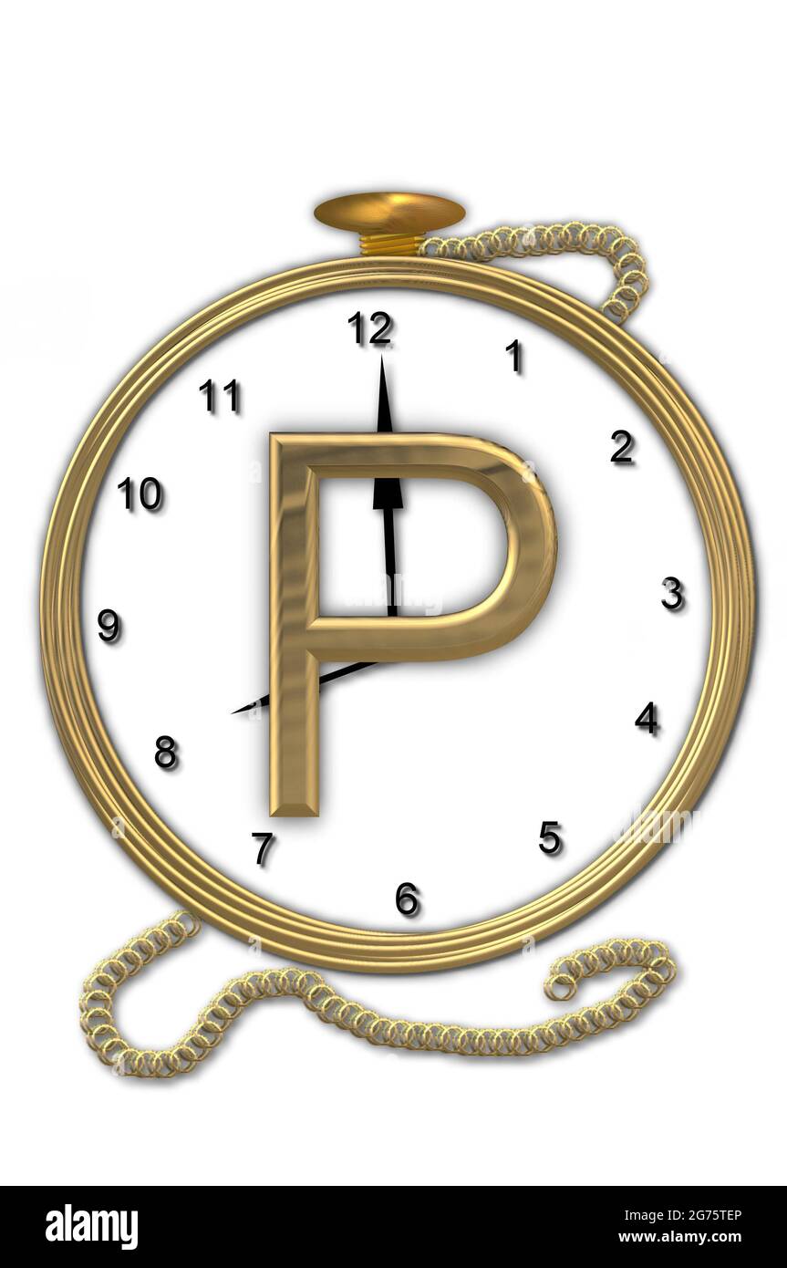 Alphabet letter P, is from the alphabet set "Pocket watch". Watch has ...