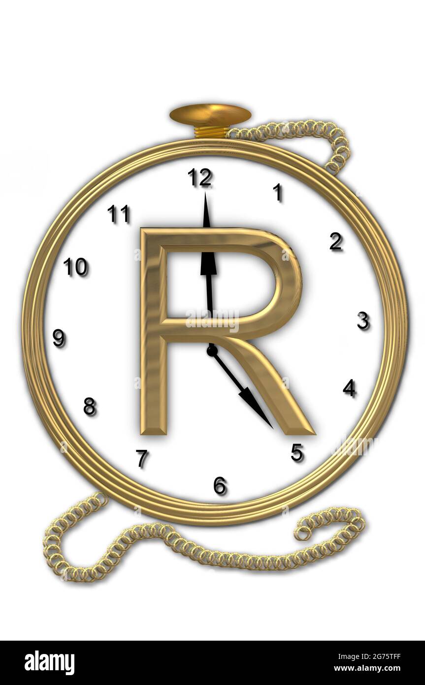 Alphabet letter R, is from the alphabet set "Pocket watch". Watch has ...