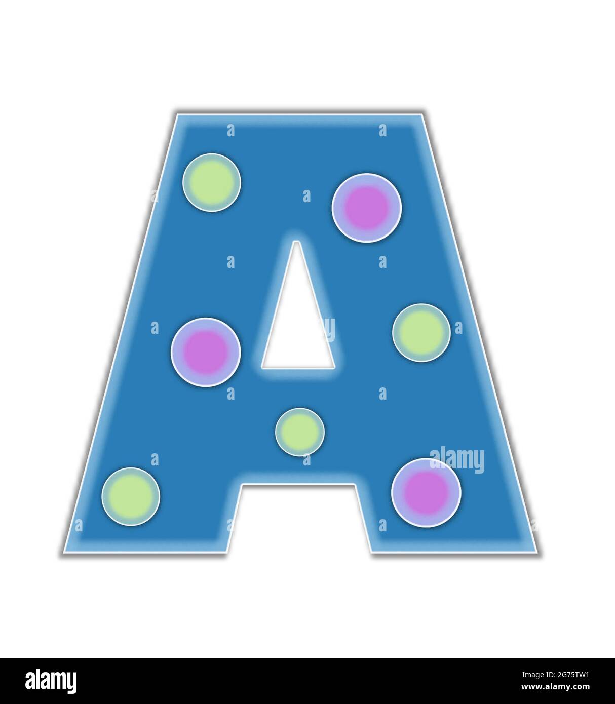 A, in the alphabet set "Teal and Dots", is purple outlined in white ...