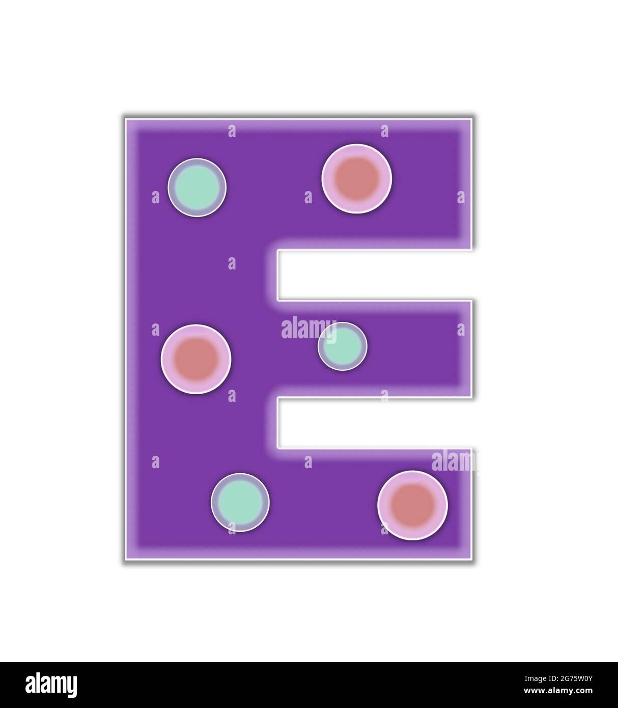 E, in the alphabet set "Purple and Dots", is purple outlined in white ...