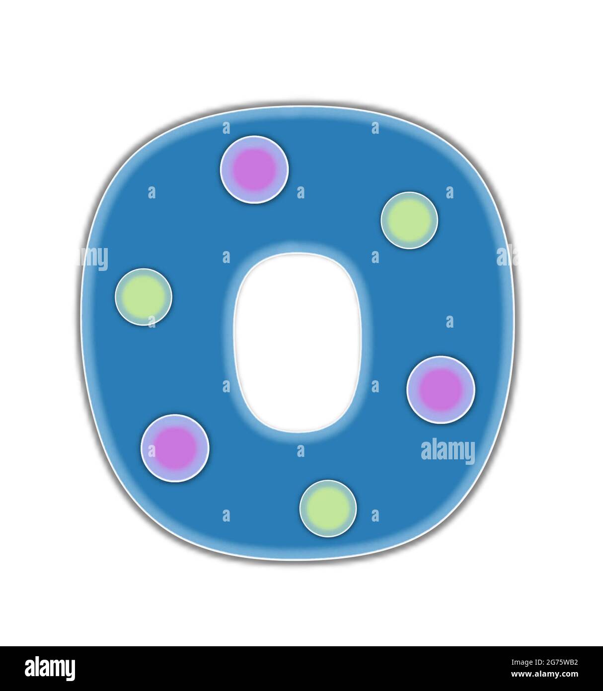 O, in the alphabet set "Teal and Dots", is purple outlined in white ...