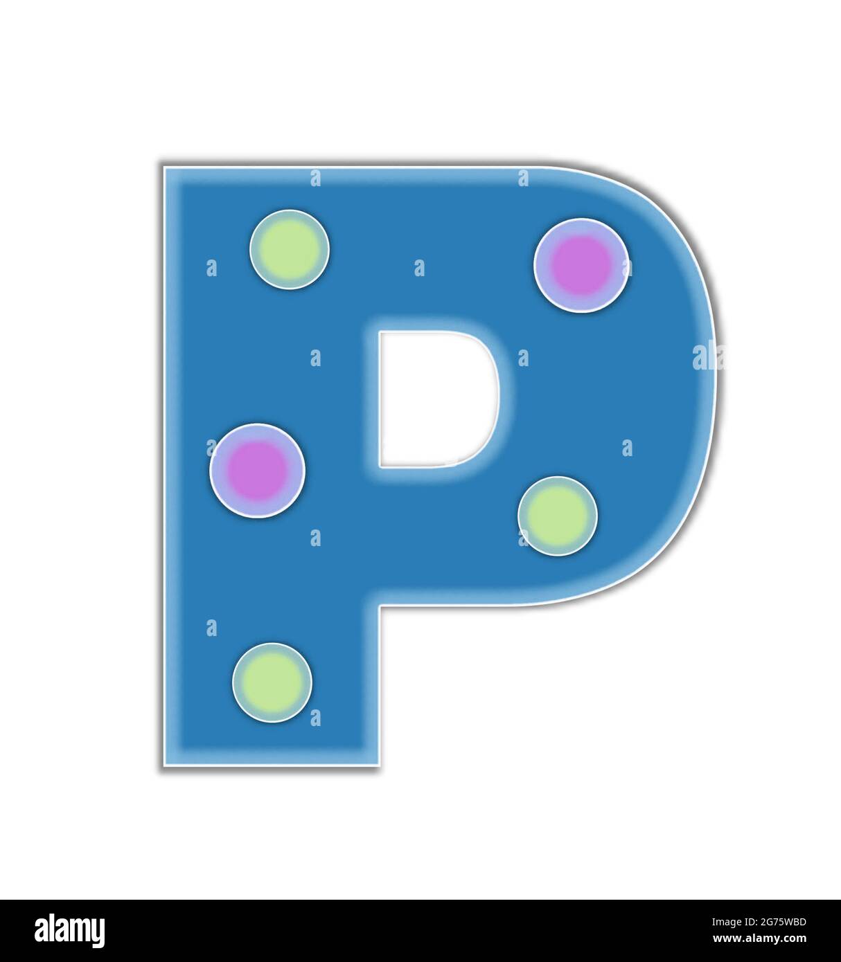 P, in the alphabet set "Teal and Dots", is purple outlined in white ...