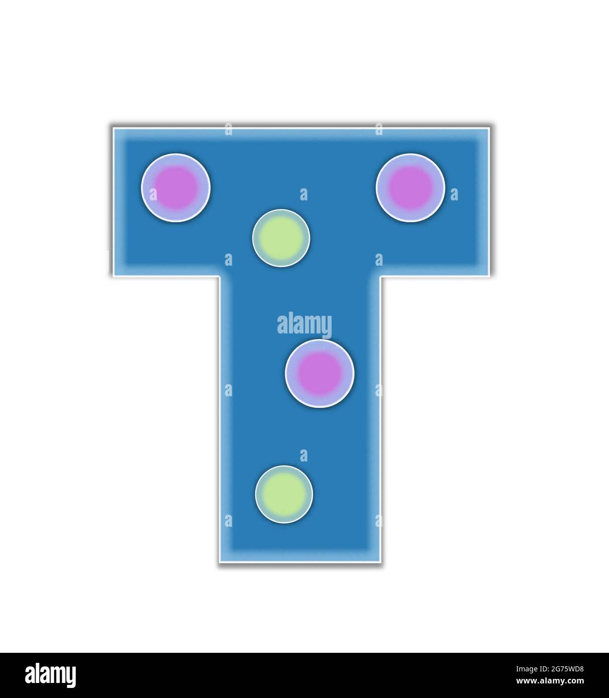 T, in the alphabet set "Teal and Dots", is purple outlined in white ...