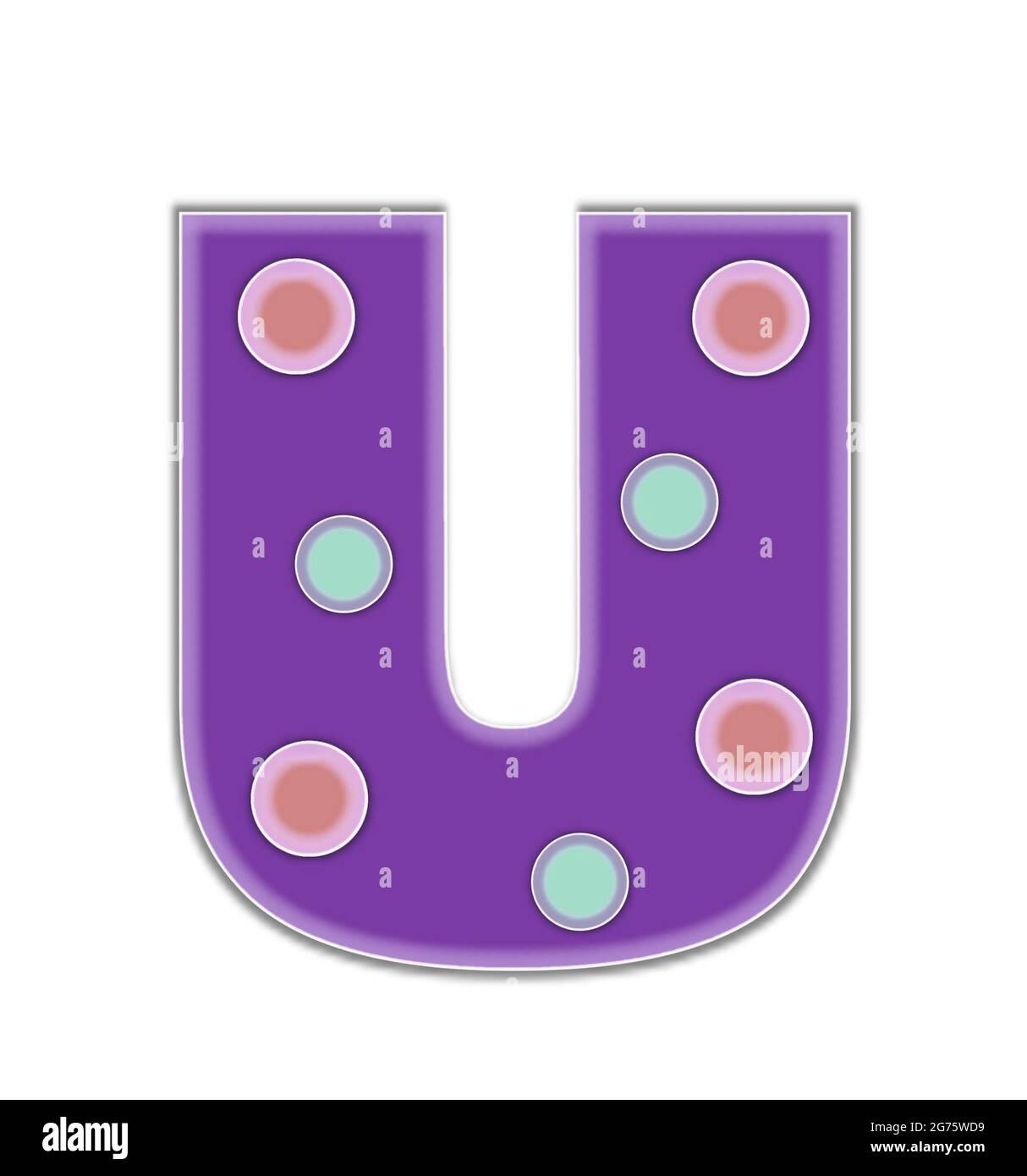 U, in the alphabet set "Purple and Dots", is purple outlined in white ...