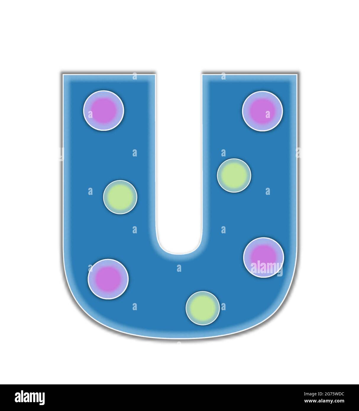 U, in the alphabet set "Teal and Dots", is purple outlined in white ...
