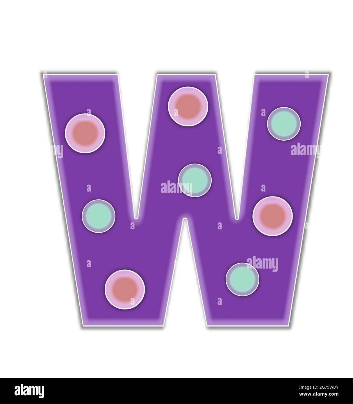 W, in the alphabet set "Purple and Dots", is purple outlined in white ...