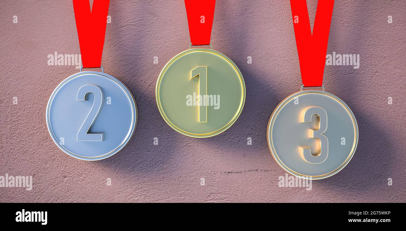 Winners medals set. Sports awards, first second and third place ...