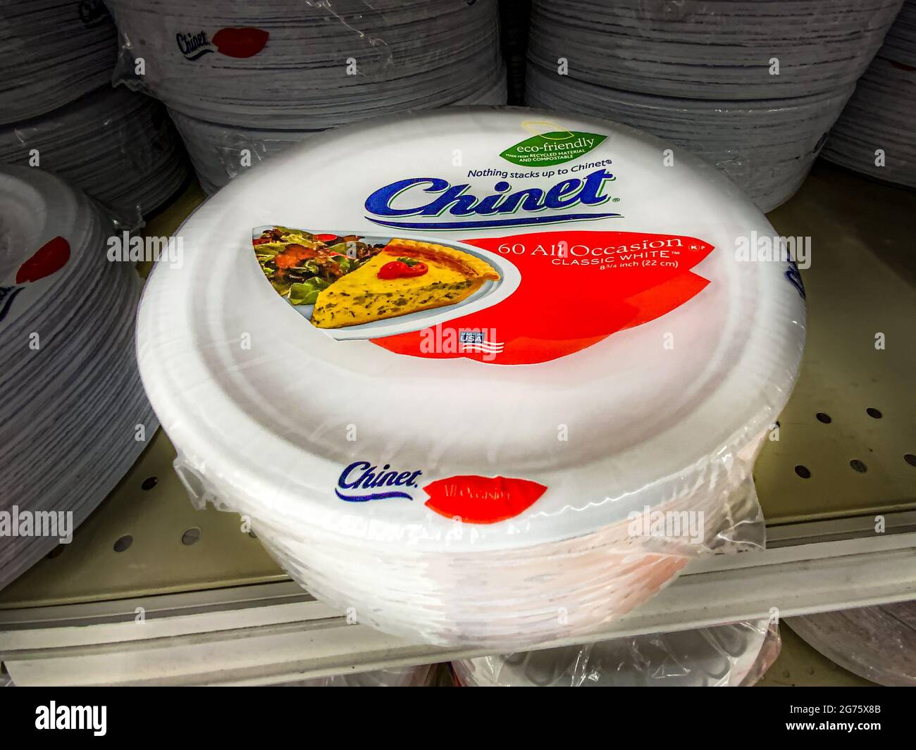 Shiloh, IL--July 10, 2021; plastic wrapped stack of Chinet brand paper ...