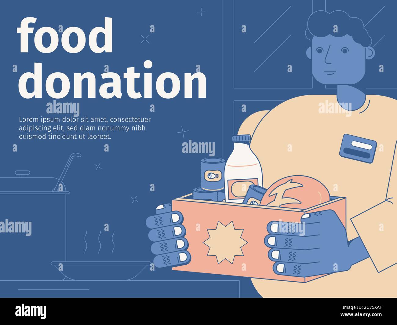Food donation flat background with man holding box with products vector ...