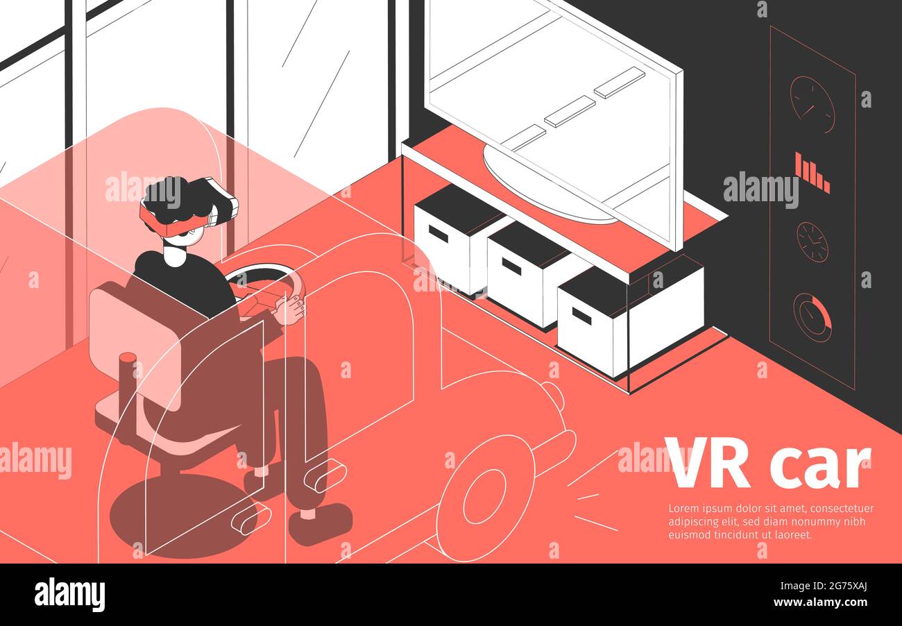 Isometric background with person wearing vr glasses driving car in ...