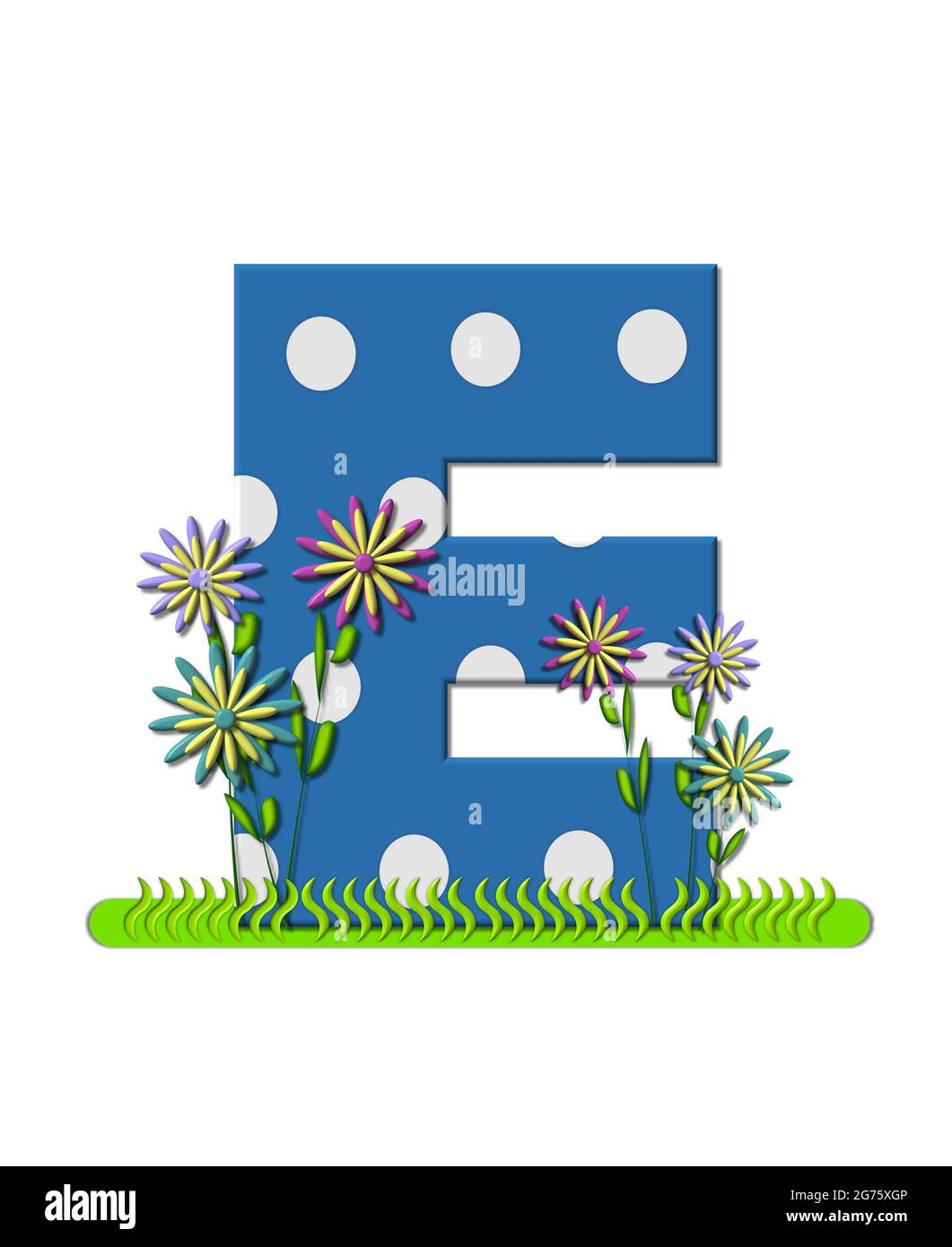 The letter E, in the alphabet set "wildflower Meadow", is blue with ...