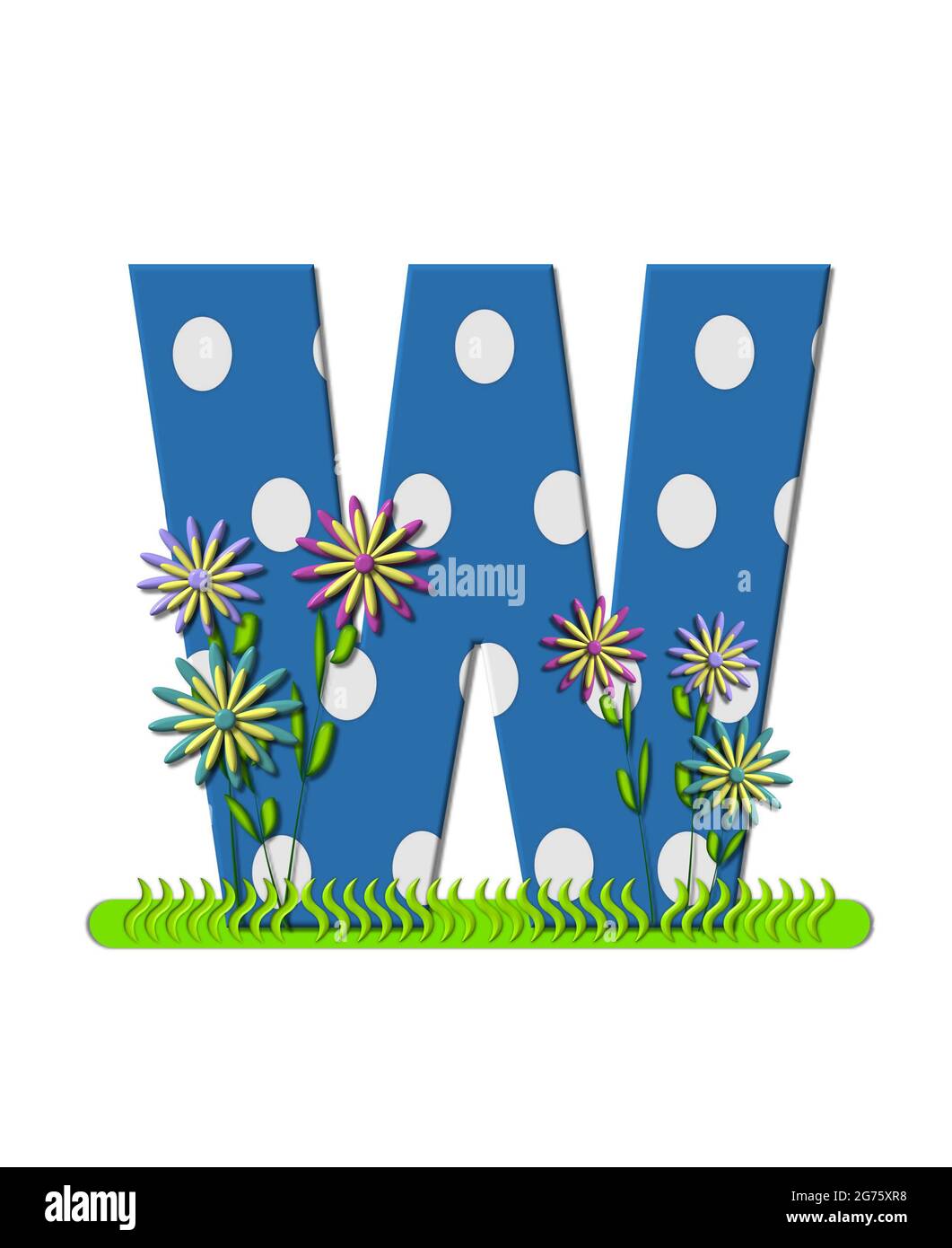 The letter W, in the alphabet set "wildflower Meadow", is blue with ...