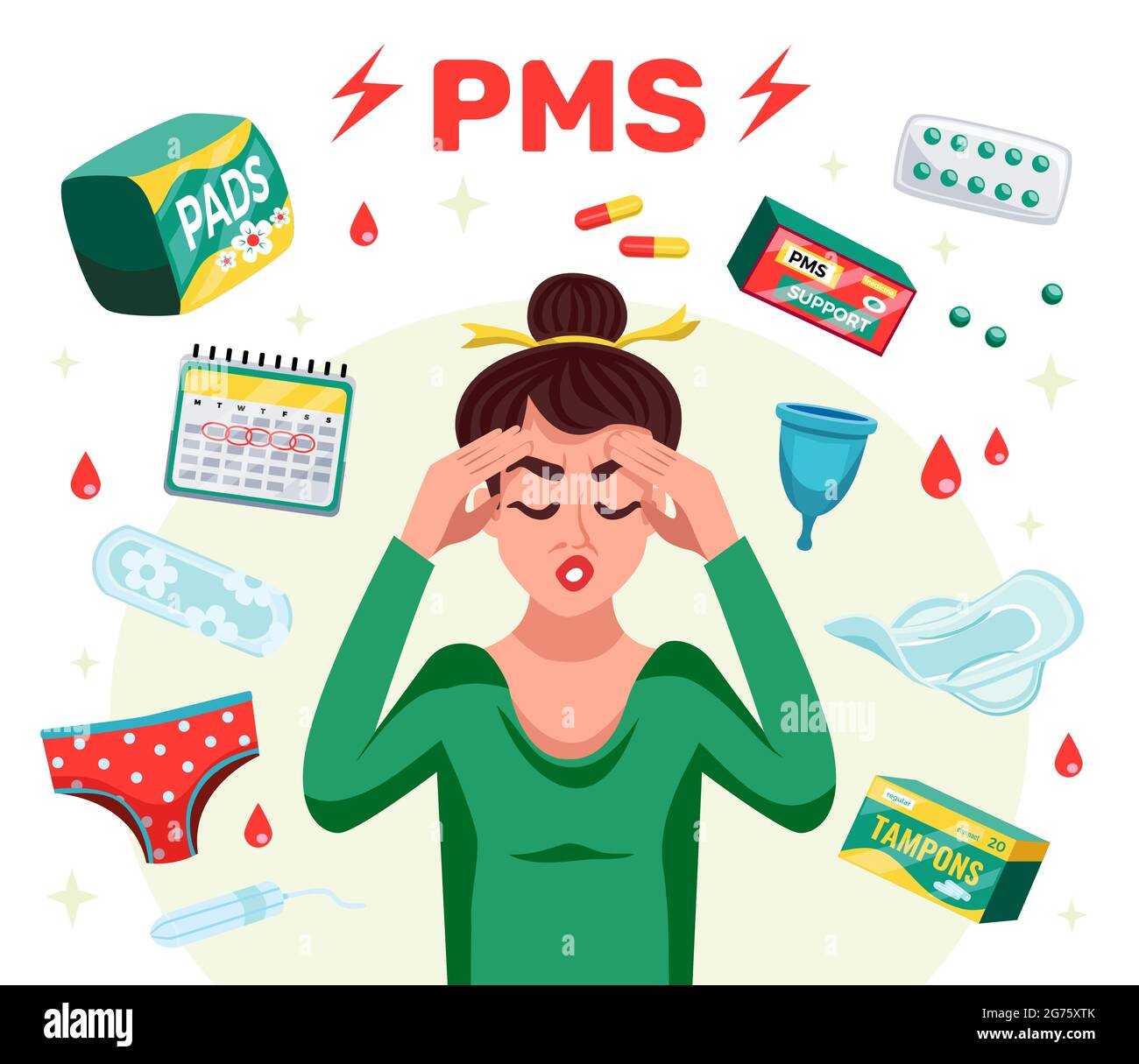 Flat pms woman concept with menstruation tools and woman with a ...