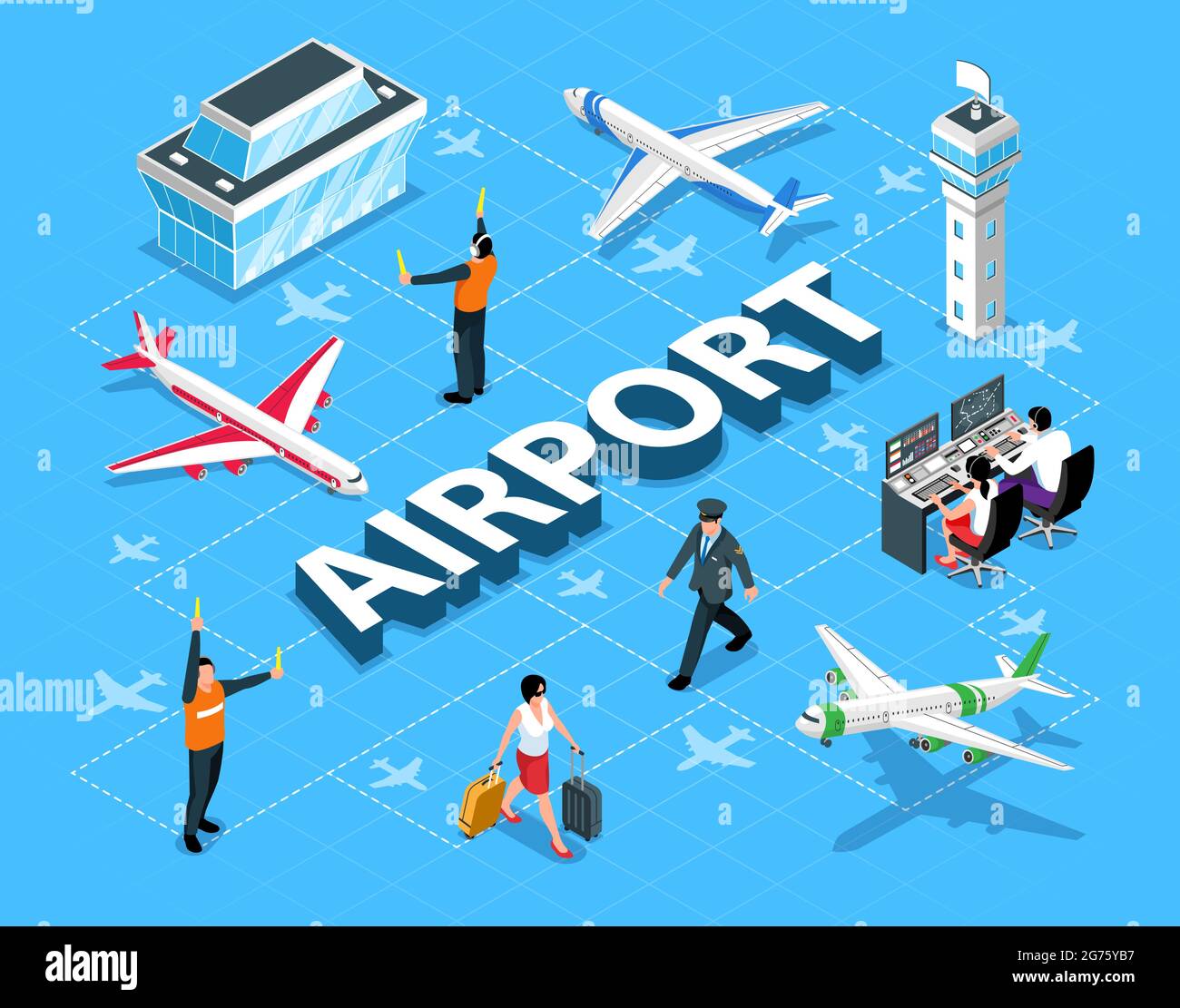 Isometric flowchart with airport building planes signalman control ...