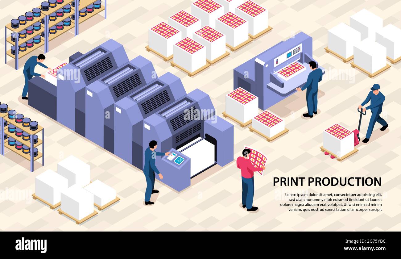 Print production isometric horizontal illustration with polygraph equipment printer consumables ...