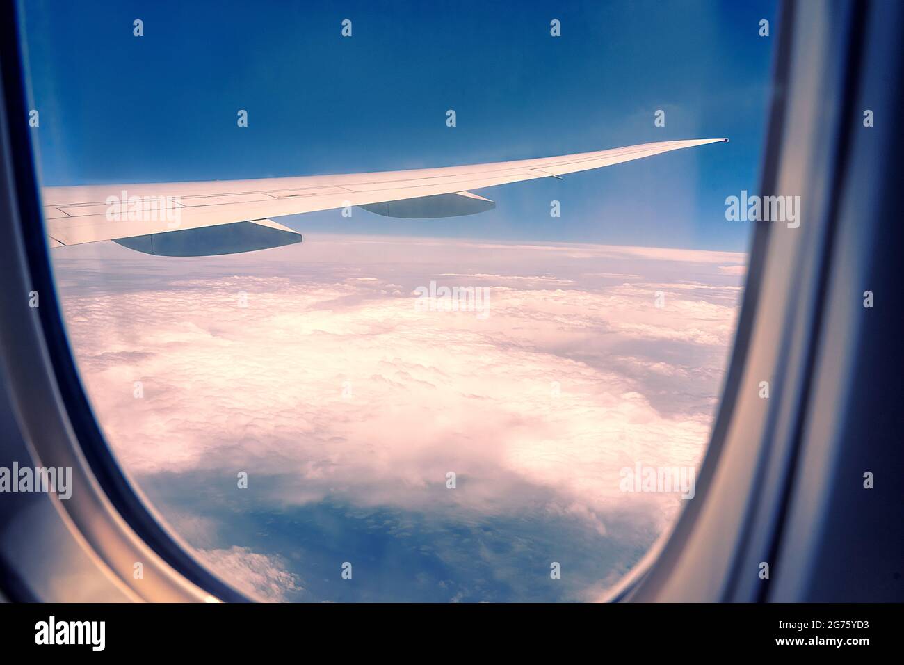 Beautiful aerial view seen through window of flying aeroplane. Aircraft ...