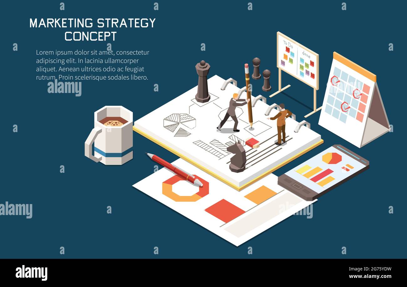 Marketing strategy concept isometric background with editable text and ...