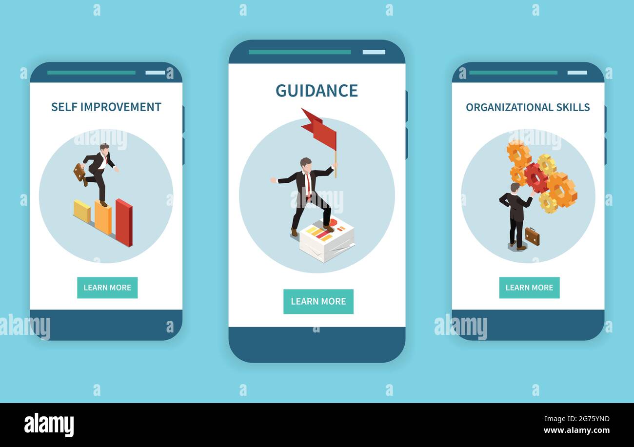 Set with three vertical banners with leadership concept isometric ...