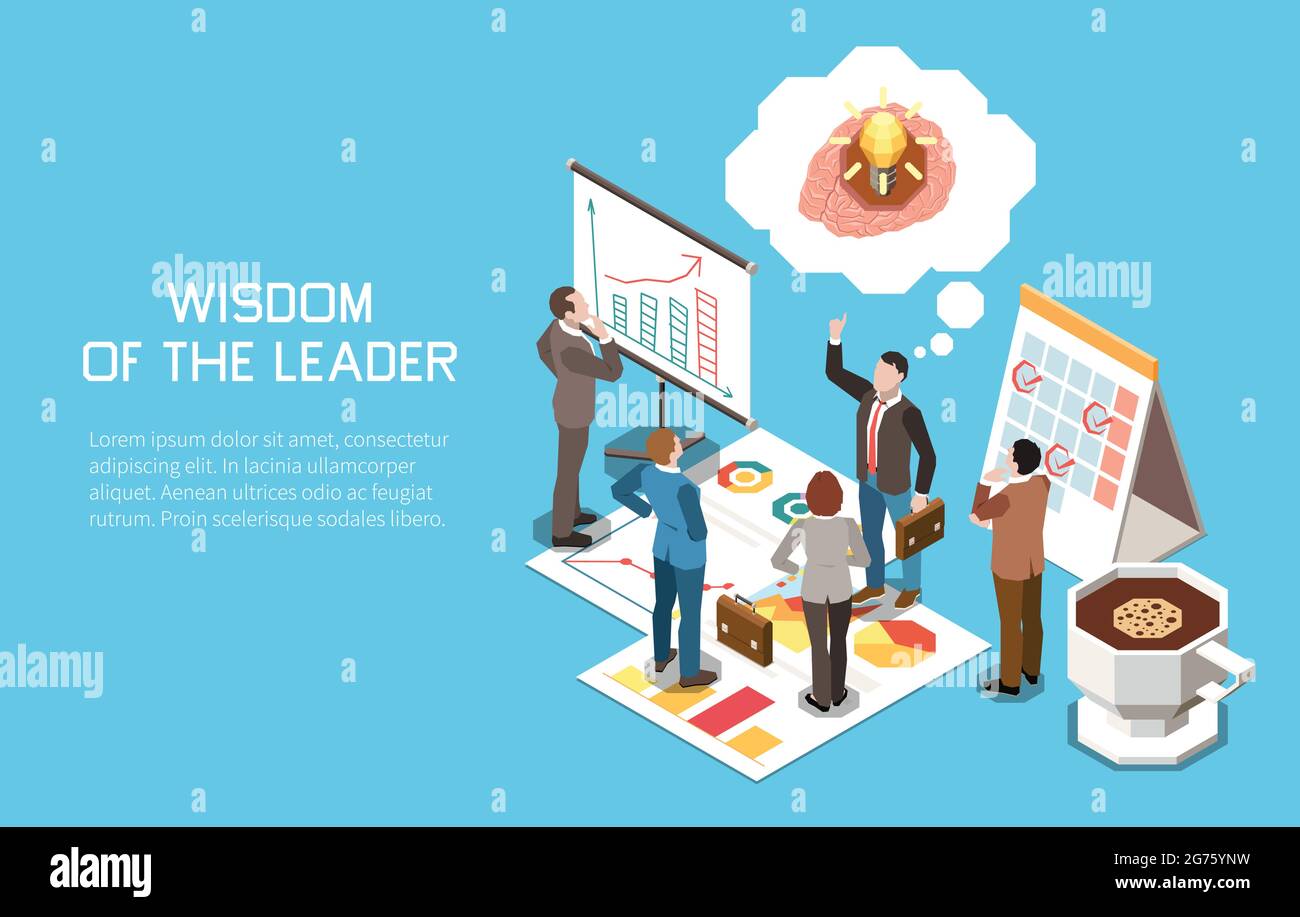 Leadership concept isometric background with group of workers thought ...