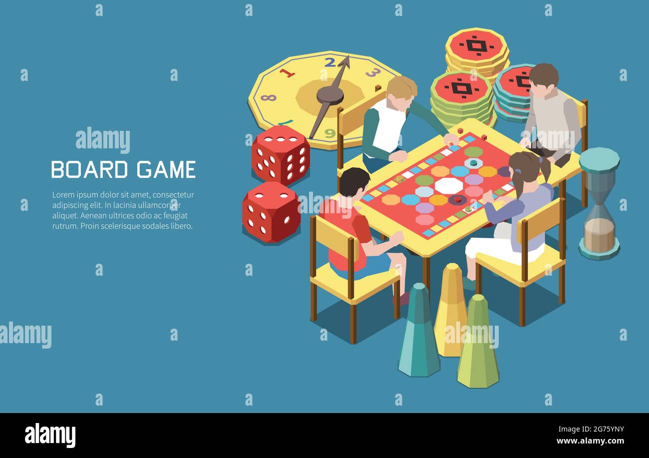 People playing board games isometric background with set of images with ...