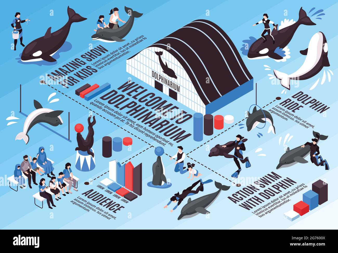 Dolphinarium isometric infographic scheme with amazing show audience ...