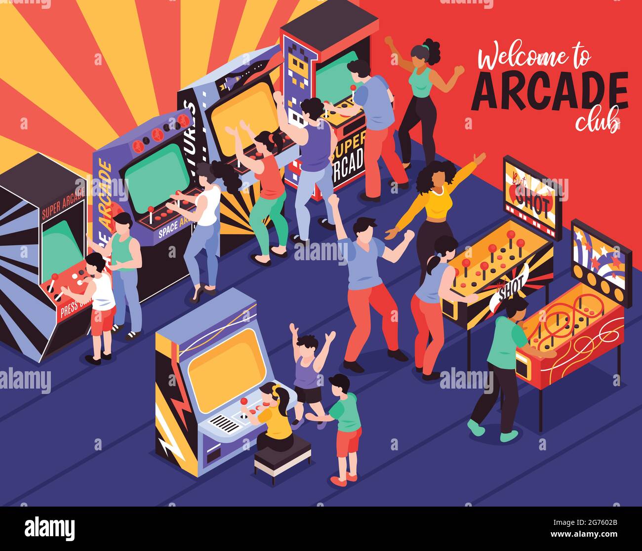 Welcome to arcade club colored background with parents and their ...