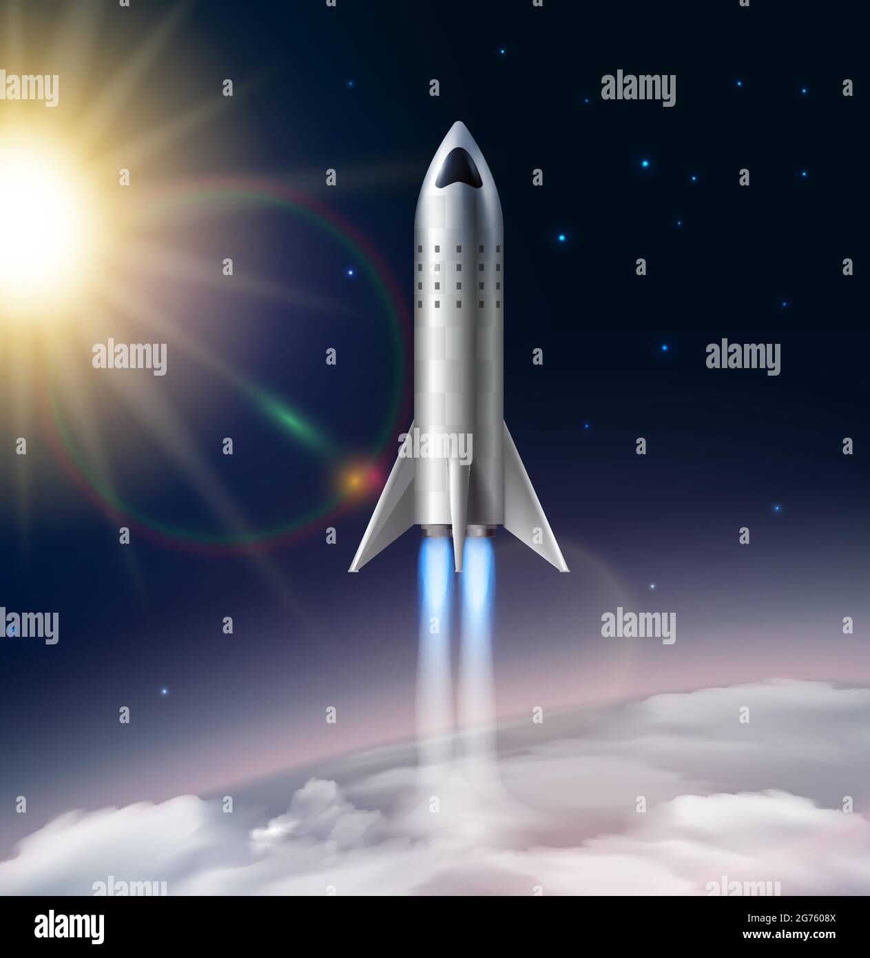 Rocket launch composition realistic with view of stratosphere with sun ...