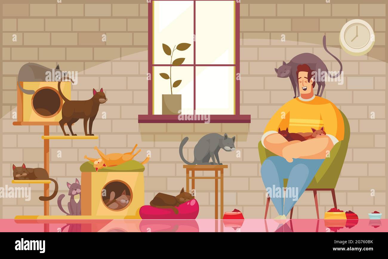 Pet sitter composition with living room scenery wall with window and ...