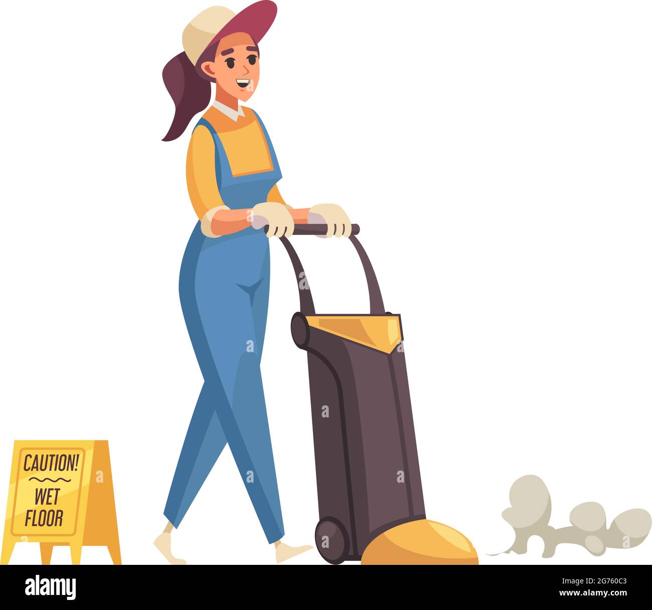 Happy woman cleaner mopping floor with professional equipment flat icon ...
