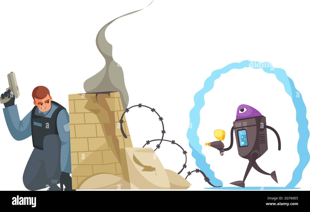 Man in body armor having fight with angry alien cartoon vector ...