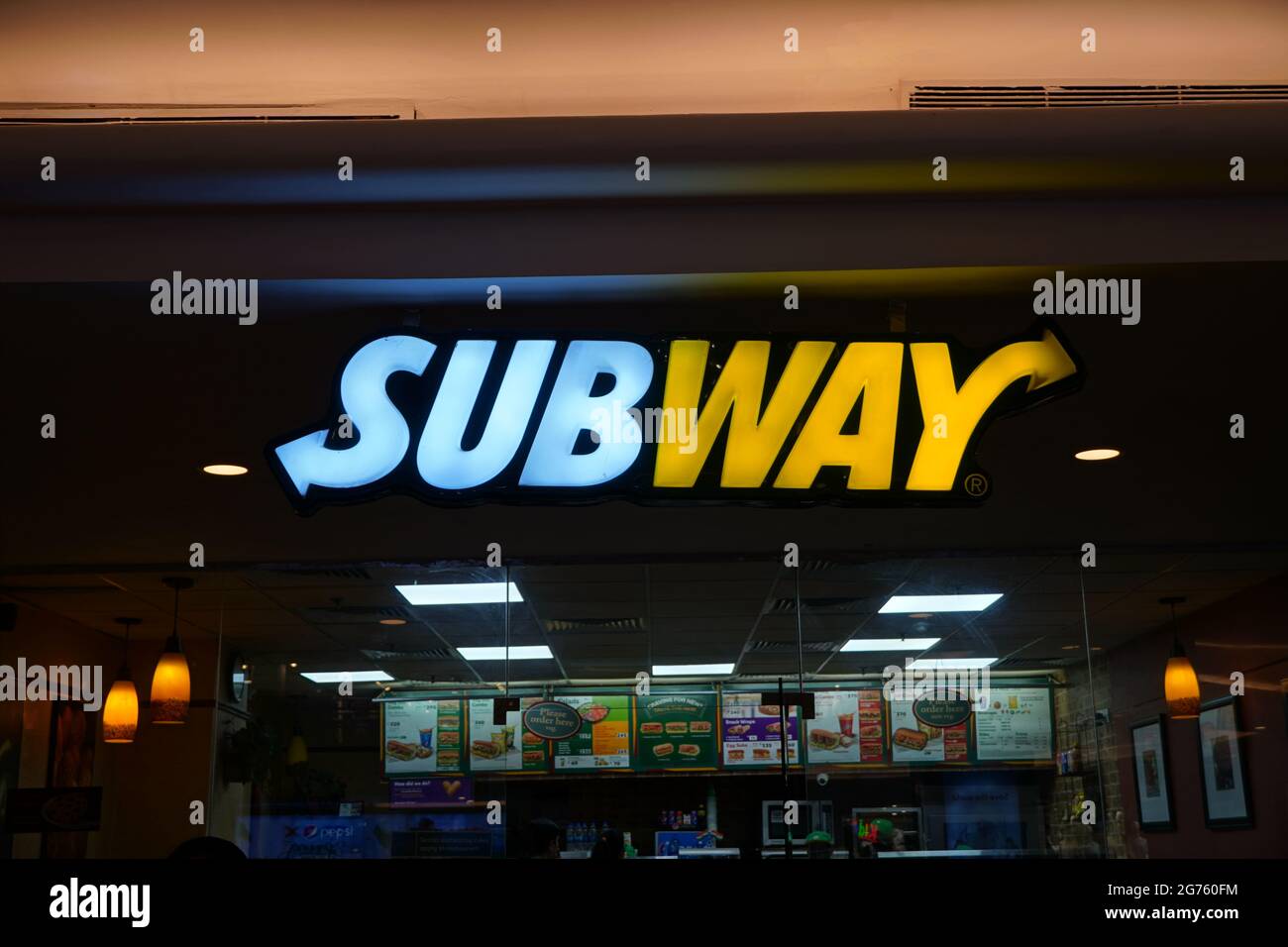Exterior view of Subway Restaurant at a shopping mall. It is a fast ...